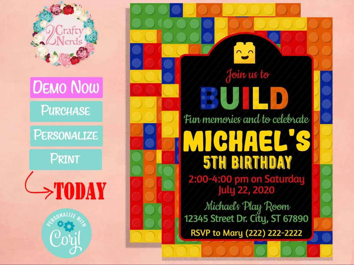 Building Blocks Birthday Invitation, Blocks Invitation, Colorful Brick ...