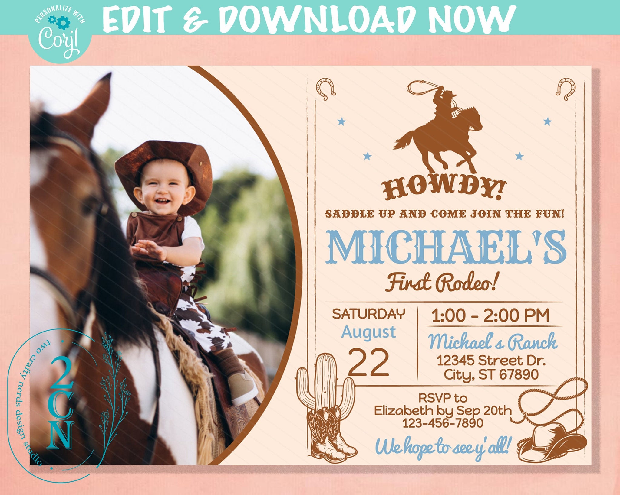 Cowboy Birthday Invitations Free Printable Editable First Rodeo