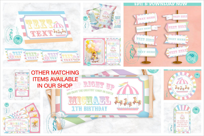 Circus Carnival Birthday Folded Card, Circus Table Rainbow Pastel Labe ...