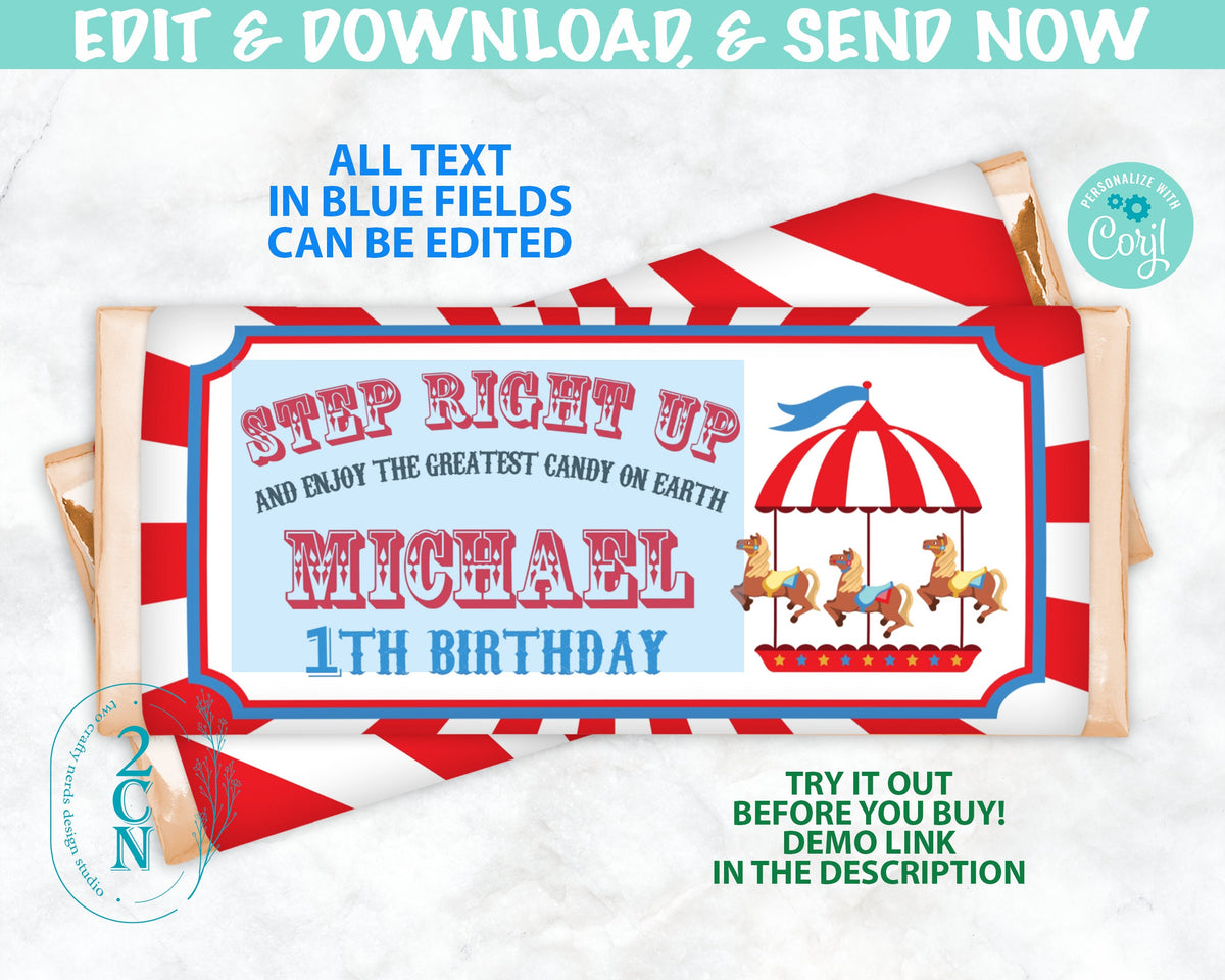 Circus Chocolate Bar Wrapper Carnival Candy Wrapper 2 Size Hershey Ald ...