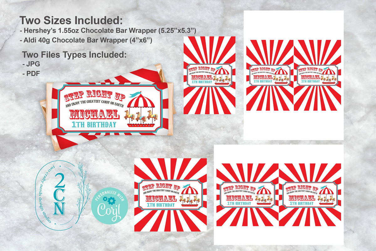 Circus Chocolate Bar Wrapper Carnival Candy Wrapper 2 Size Hershey Ald ...
